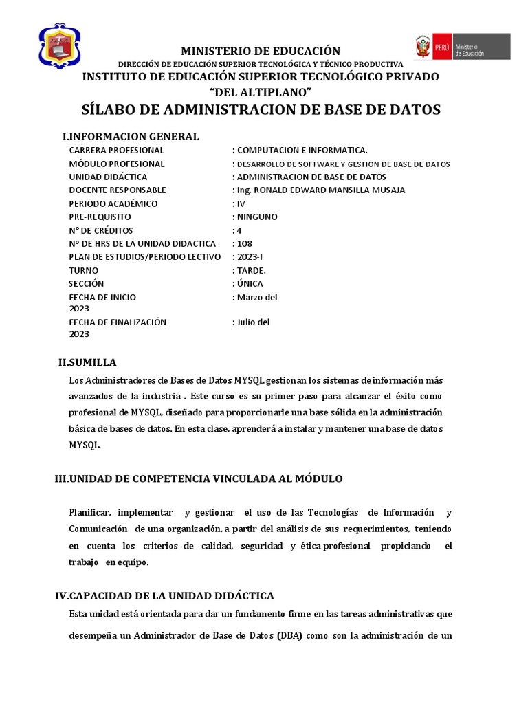 Silabo De Administracion De Base De Datos 2023 I Ronald Mansilla Pdf Bases De Datos 