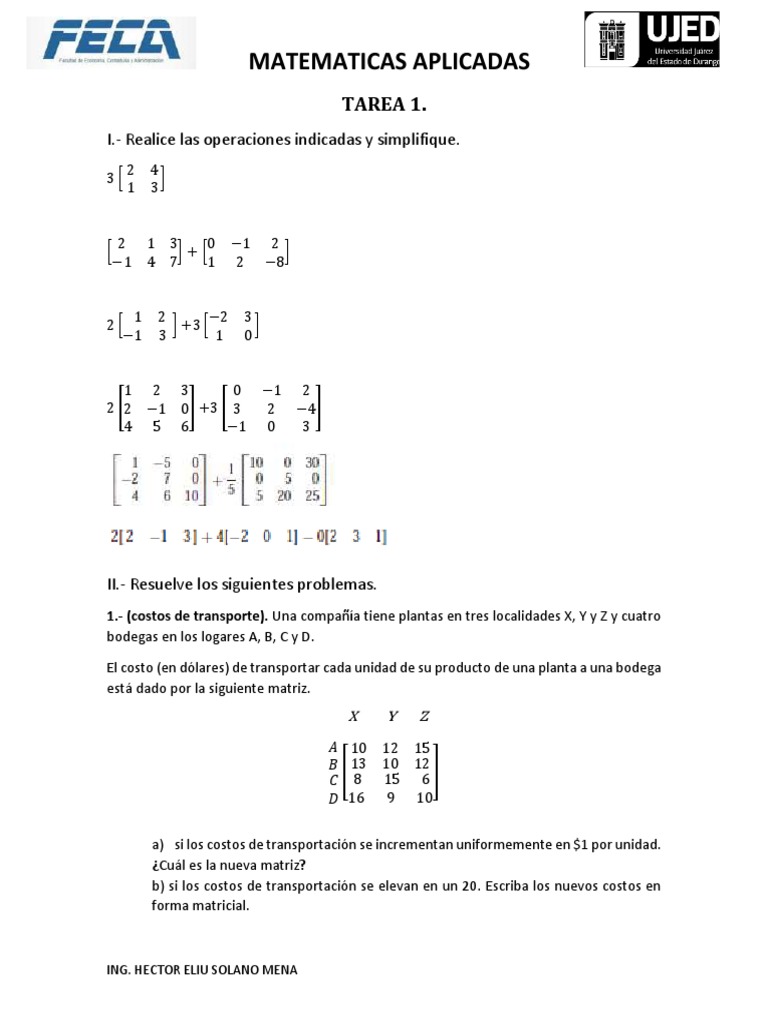 Tarea 1 Suma, Multiplicacion Escalar Matrices | PDF | Matriz (Matemáticas) | Álgebra