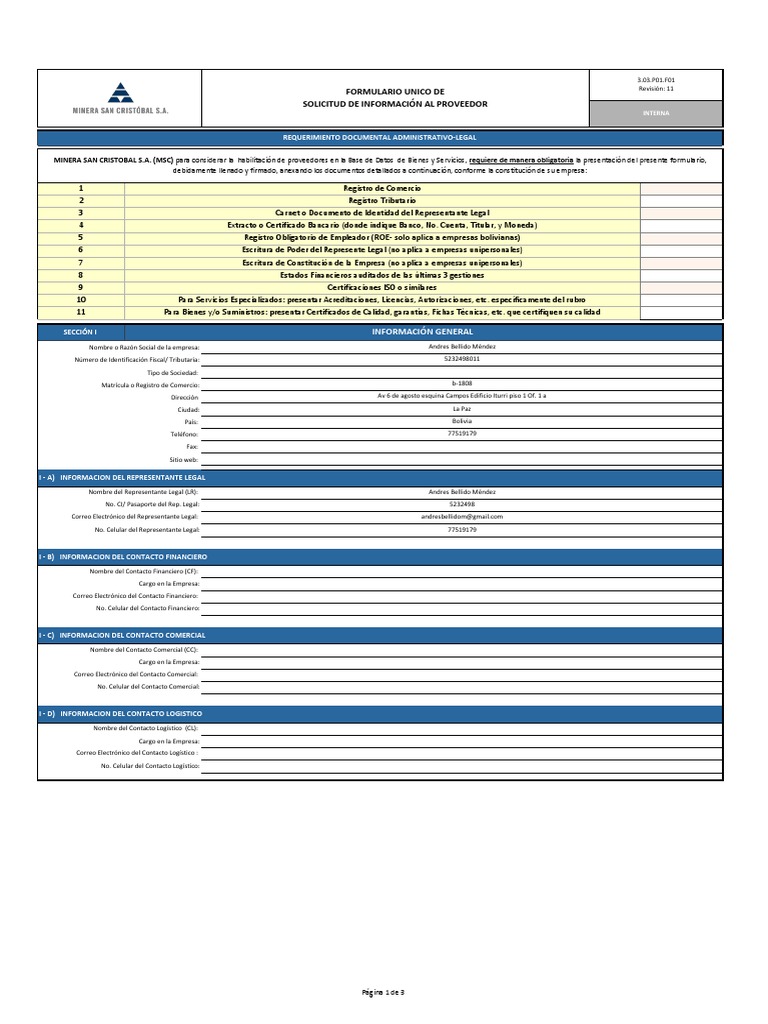 3.03.P01.F01 Formulario Único Solicitud Información ProveedoresEspañol ...