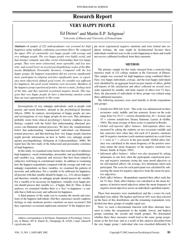 Dierner y Seligman 2002 | PDF | Happiness | Extraversion And Introversion