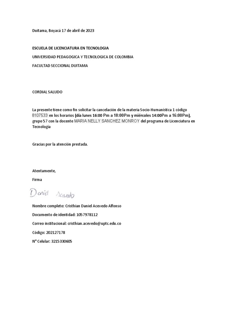 Carta de Cancelacion Asignatura Uptc | PDF