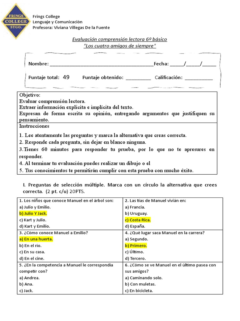 6to Básico - Los Cuatro Amigos de Siempre - Respuestas | PDF