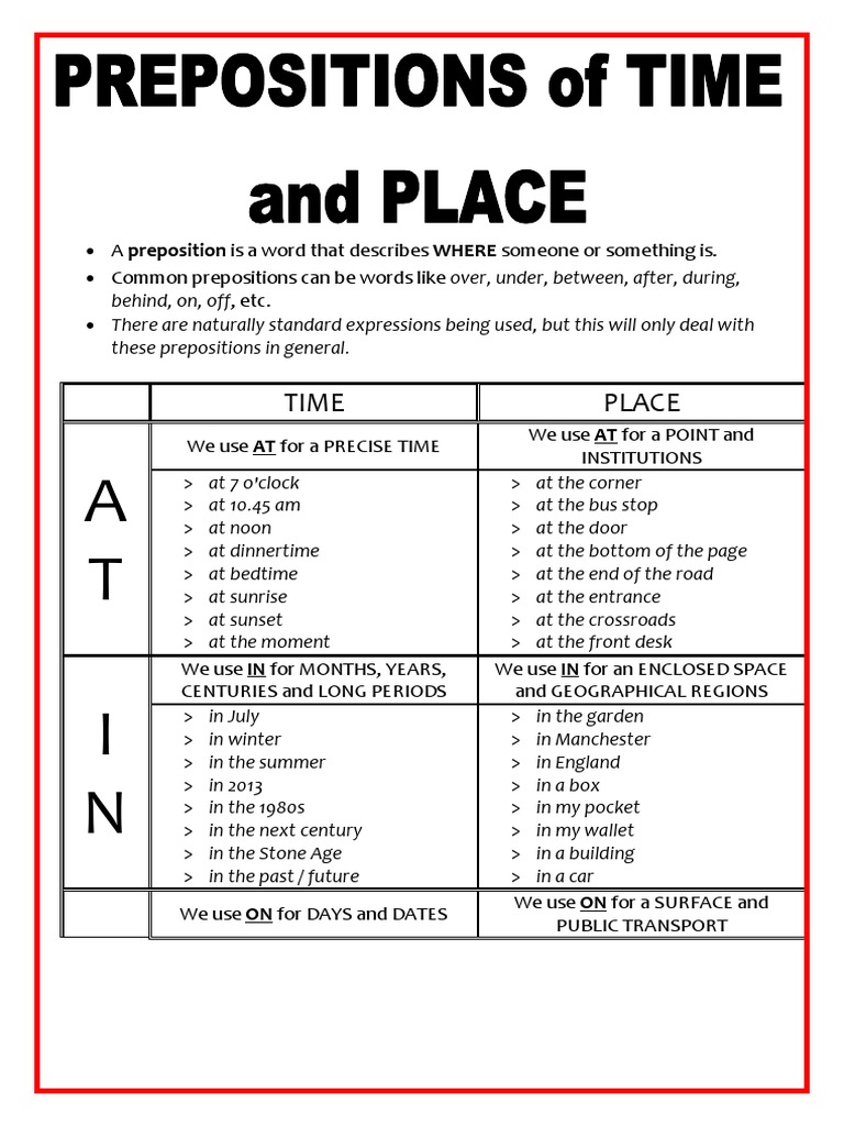Prepositions of Time and Place in On at | PDF
