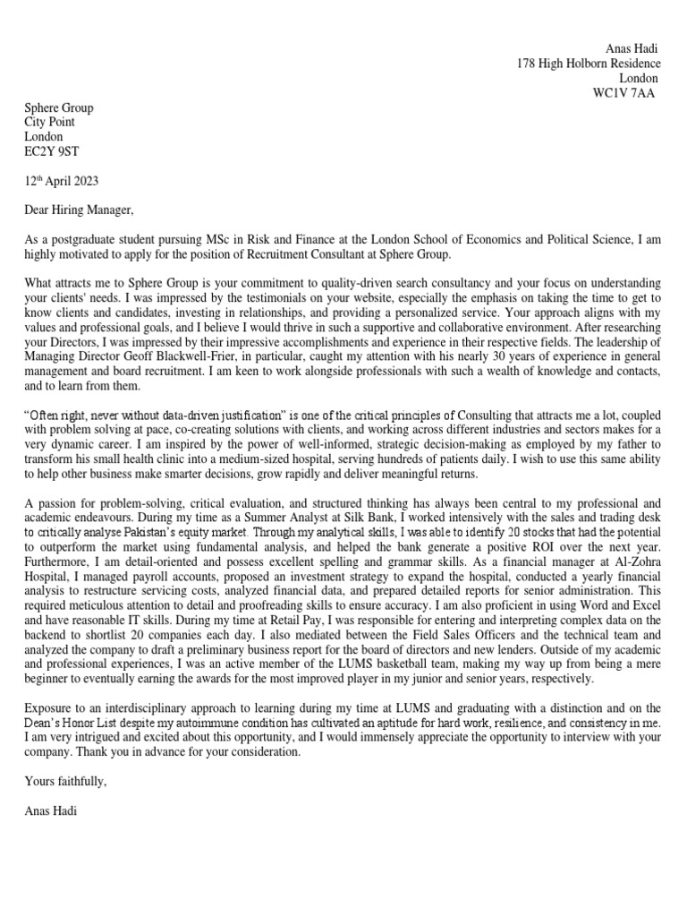 Cover Letter - Sphere Group | PDF | Financial Analyst | Economies