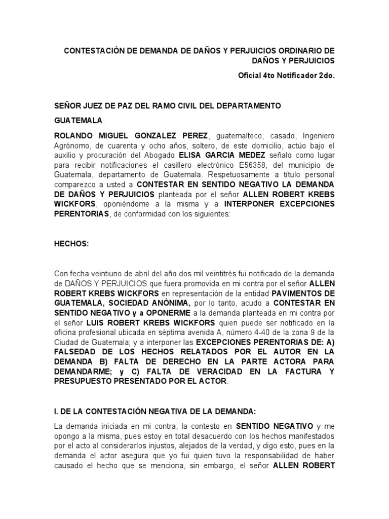 Contestación de Demanda de Daños y Perjuicios Ordinario de Daños y ... Contestación de Demanda de Daños y Perjuicios Ordinario de Daños y ...