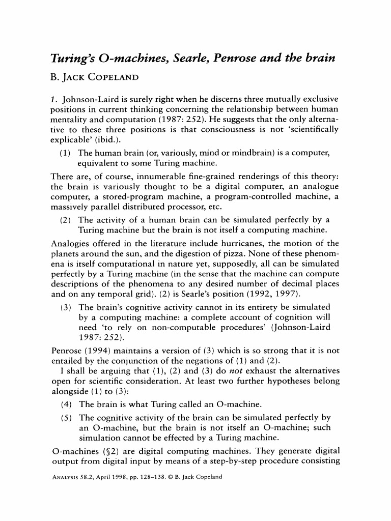 Copeland - Turing's O-Machines, Searle, Penrose and The Brain | PDF | Function (Mathematics) | Mind