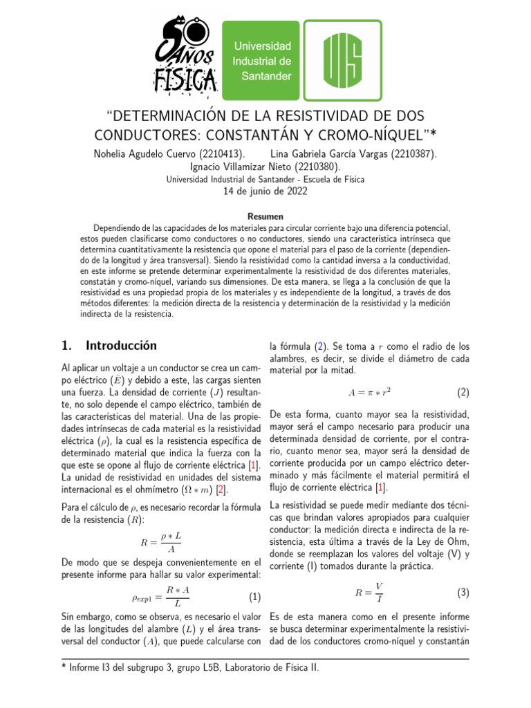 Determinaci On de La Resistividad de Dos Conductores: Constant An Y Cromo-N Iquel | PDF ...