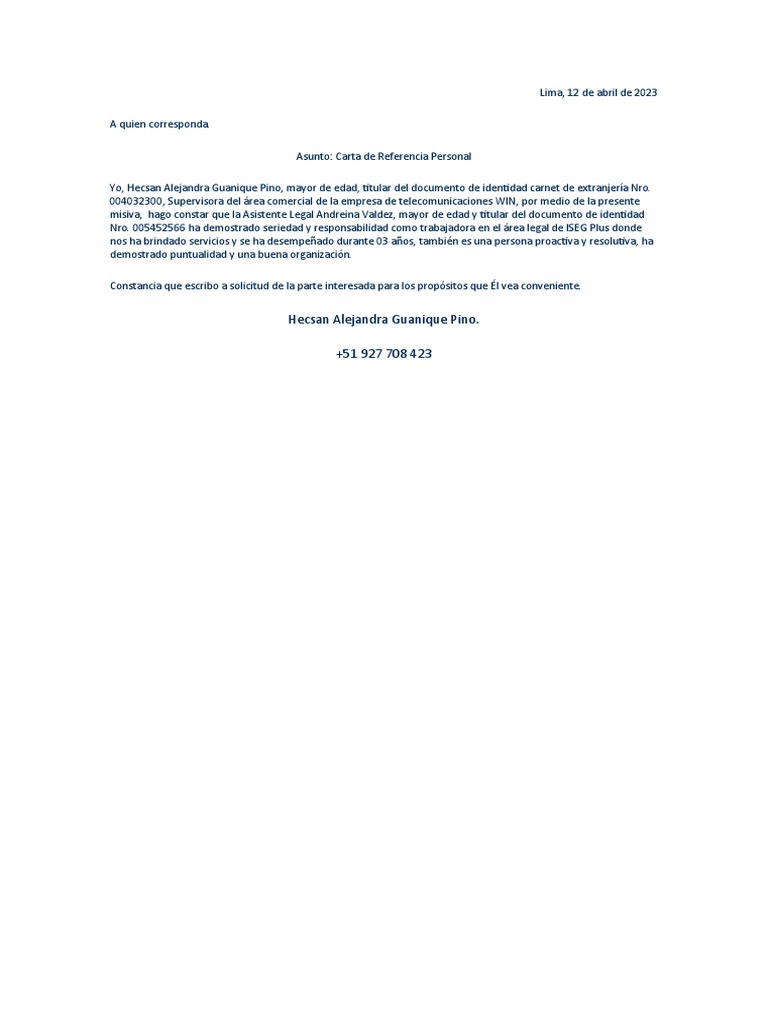 Carta de Referencia para Andreina Valdez | PDF