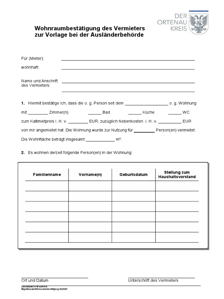 Wohnraumbestätigung Ausländerbehörde | PDF