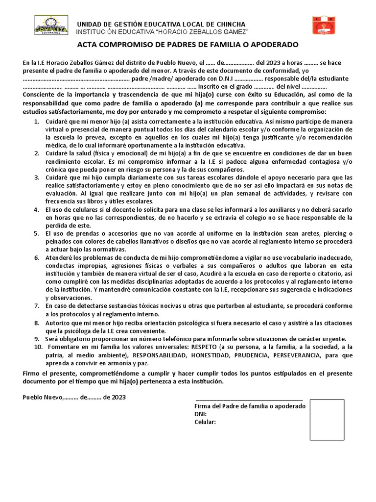 Acta COMPROMISO DE PADRES DE FAMILIA 2023 | PDF
