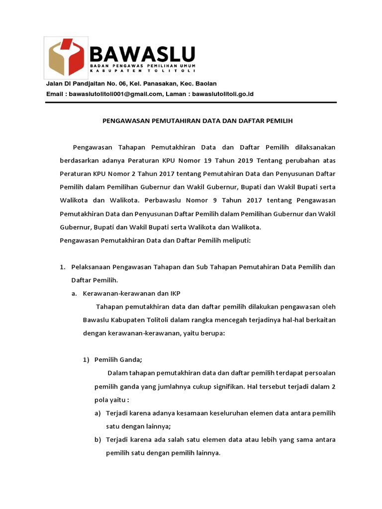 Pengawasan Pemutahiran Data Dan Daftar Pemilih Tahun 2020 | PDF | Pengelolaan Keuangan & Uang