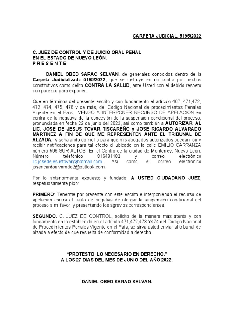 Apelacion Suspension Condicional Del Proceso Daniel Obed Sarao Selvan | PDF | Apelación | Justicia