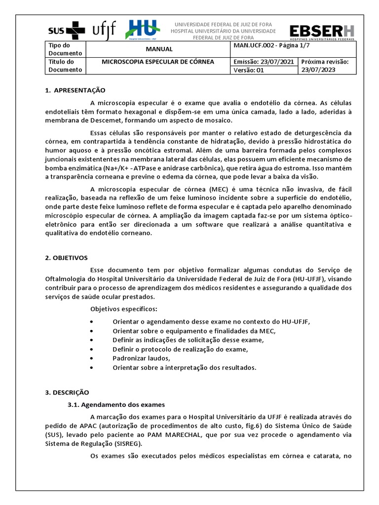MAN - UCF.002 Microscopia Especular de Córnea | PDF | Córnea | Endotélio