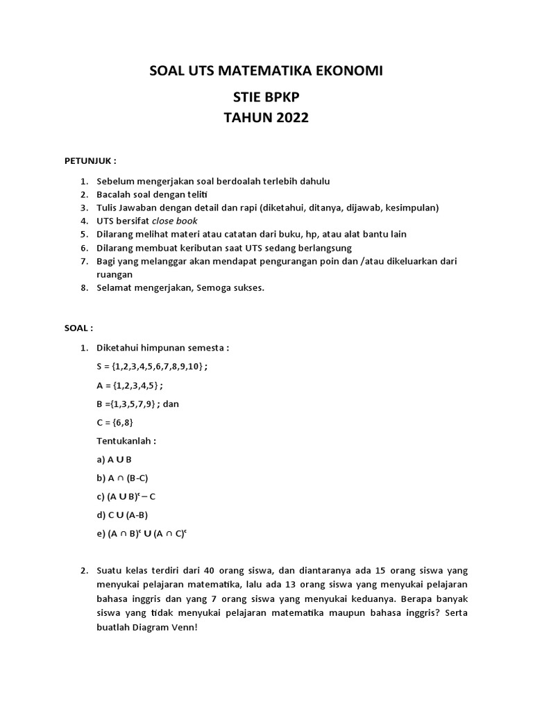 Soal Uts Matematika Ekonomi | PDF