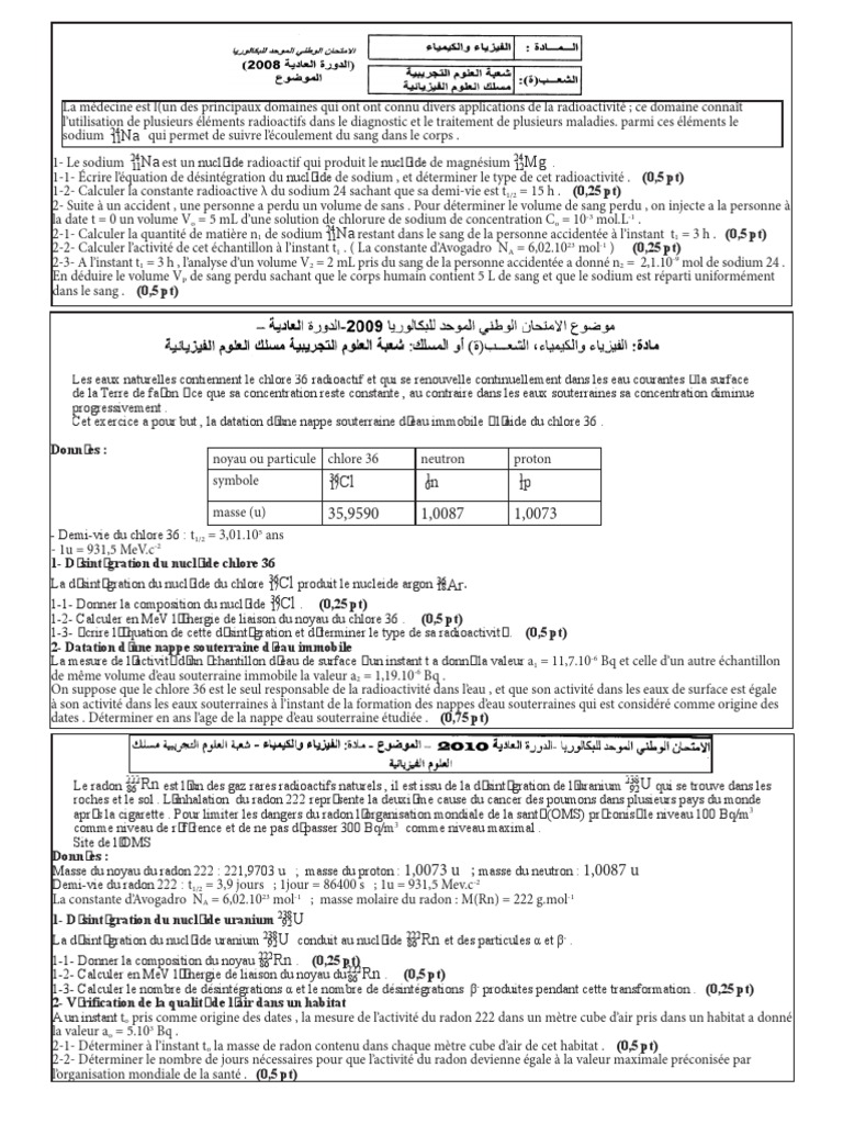 2-Examens BAC Nucleaire PC FR | PDF | Noyau atomique | Radioactivité
