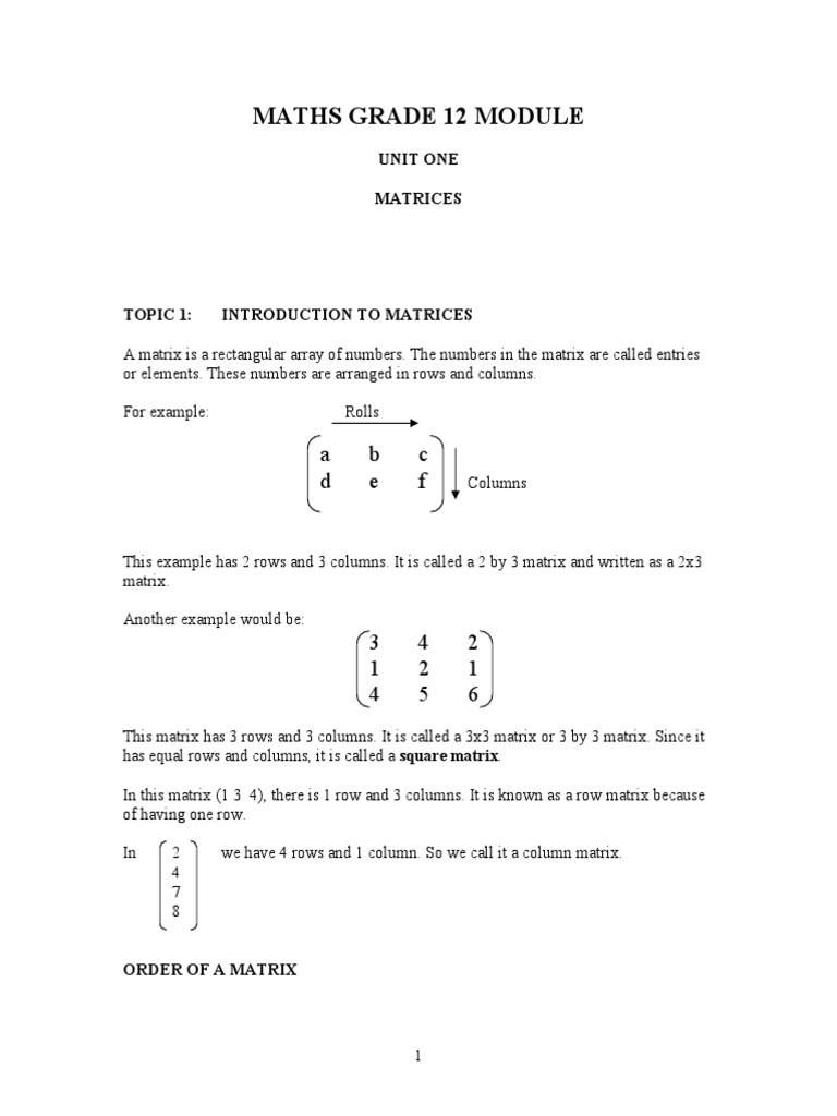 Grade 12 Mathematics: Matrices Module | PDF | Matrix (Mathematics ...