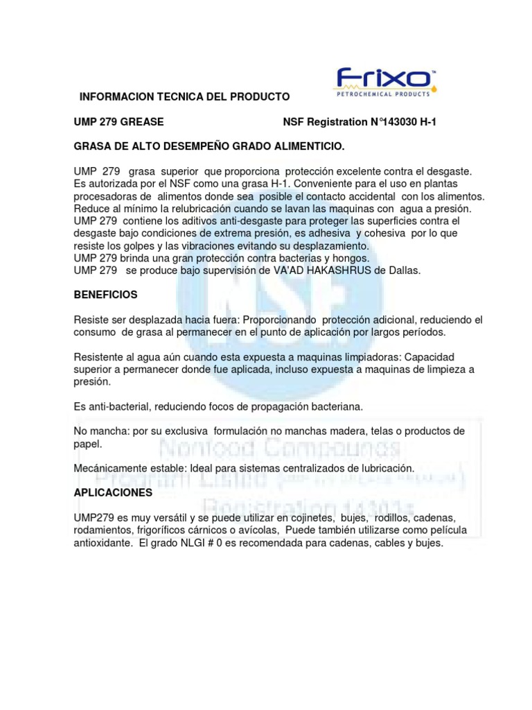 Ficha Tecnica F279 Grasa Grado Alimenticio | PDF | Rodamiento (Mecánico) | Materia suave