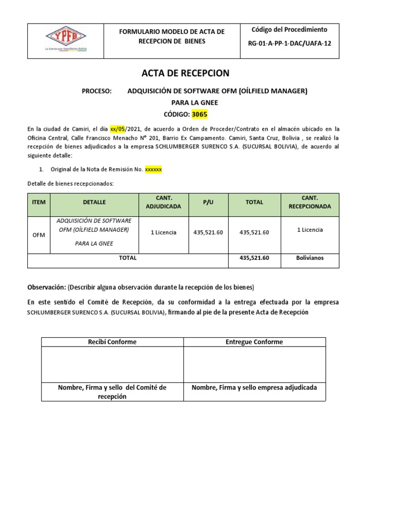 Acta de Recepción de Software OFM | PDF