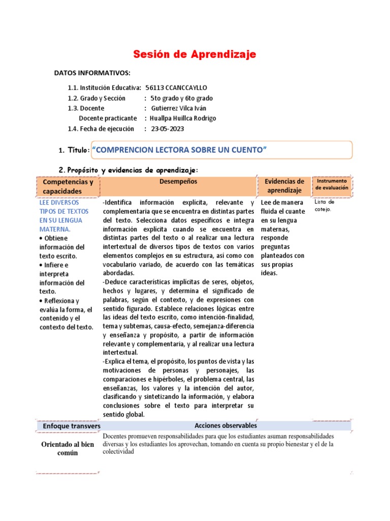 Sesión de Aprendizaje Comprencion de Textos en Quechua | PDF