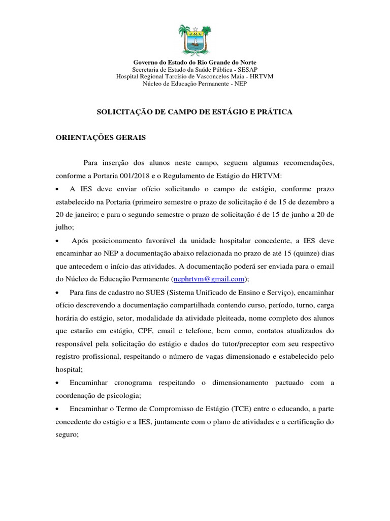 SOLICITAÇÃO DE CAMPO DE ESTÁGIO E PRÁTICA - Orientações Gerais | PDF