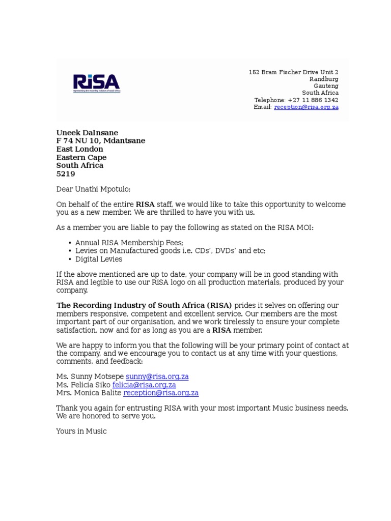 RiSA Membership Welcome Letter - Uneek DaInsane | PDF