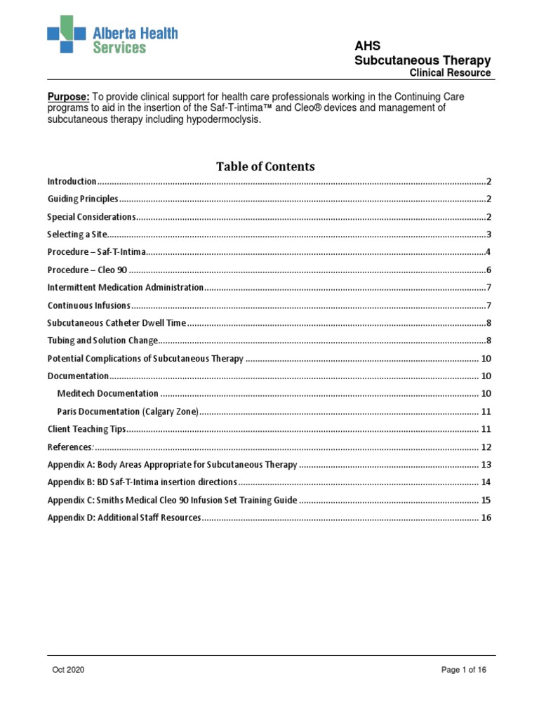 AHS Subcutaneous Therapy | PDF | Intravenous Therapy | Clinical Medicine