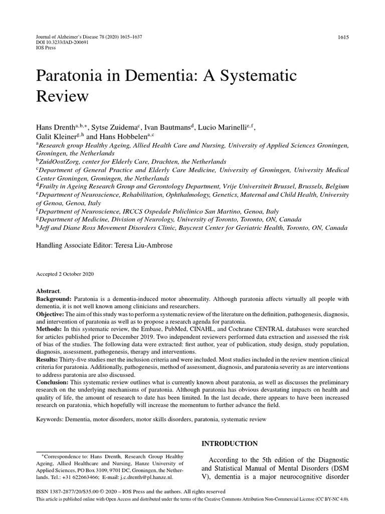 Paratonia in Dementia A Systematic Review | PDF | Dementia | Systematic ...