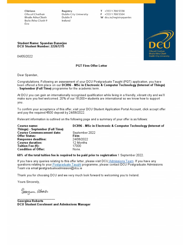 DCU Offer Letter | PDF | Postgraduate Education | Travel Visa