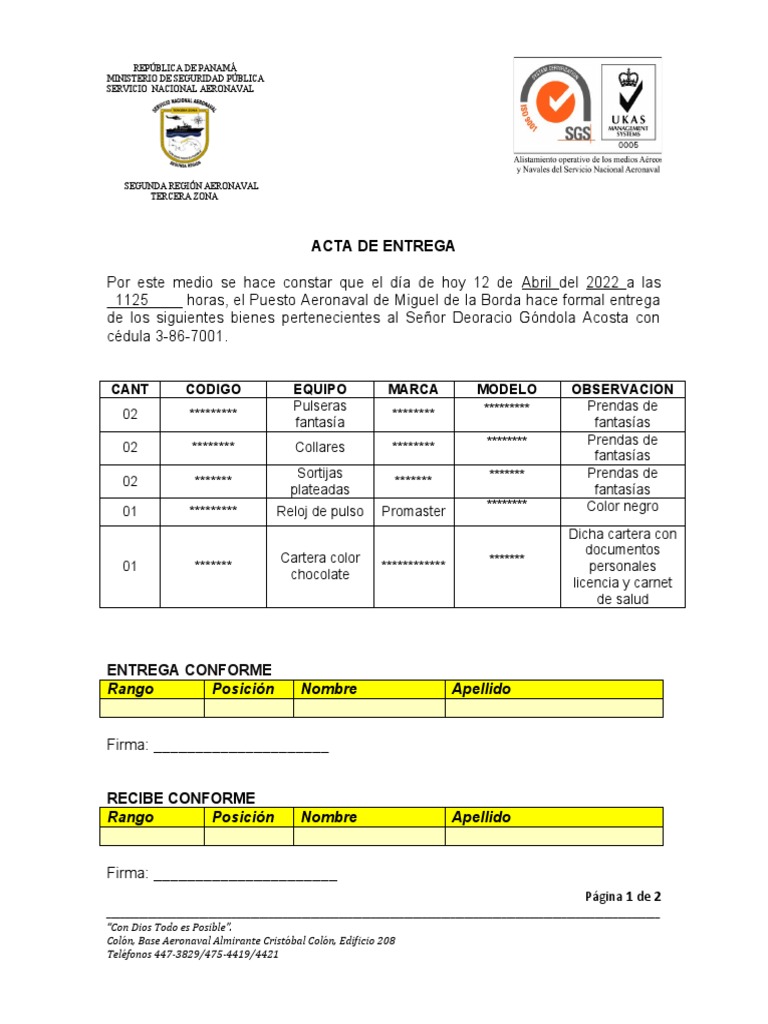 Formato Acta de Entrega | PDF