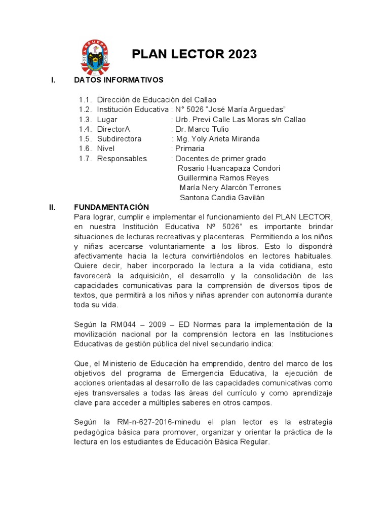 Plan Lector Primer Grado 2023 | PDF | Educación primaria | Salón de clases