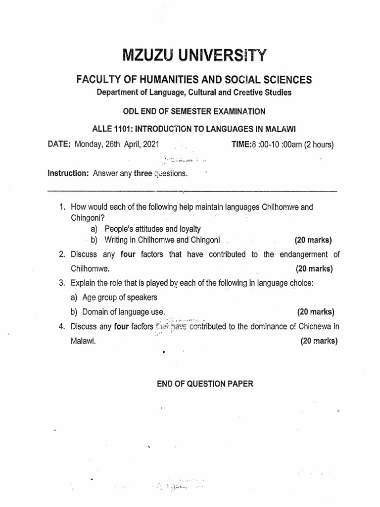 ALLE 1101 Introduction To Languages in Malawi ODL End of Semester ...