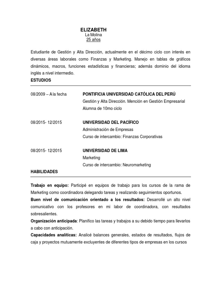 CV Elizabeth | PDF | Perú | Marketing