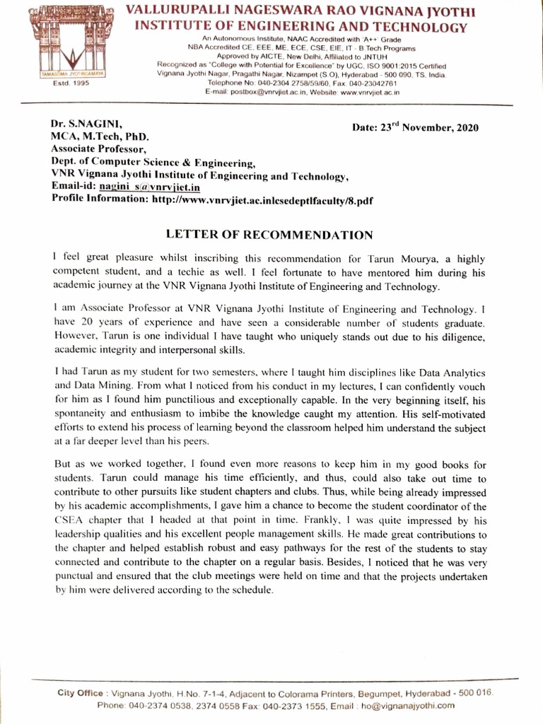 Letter of Recommendation DR - Nagini | PDF | Science