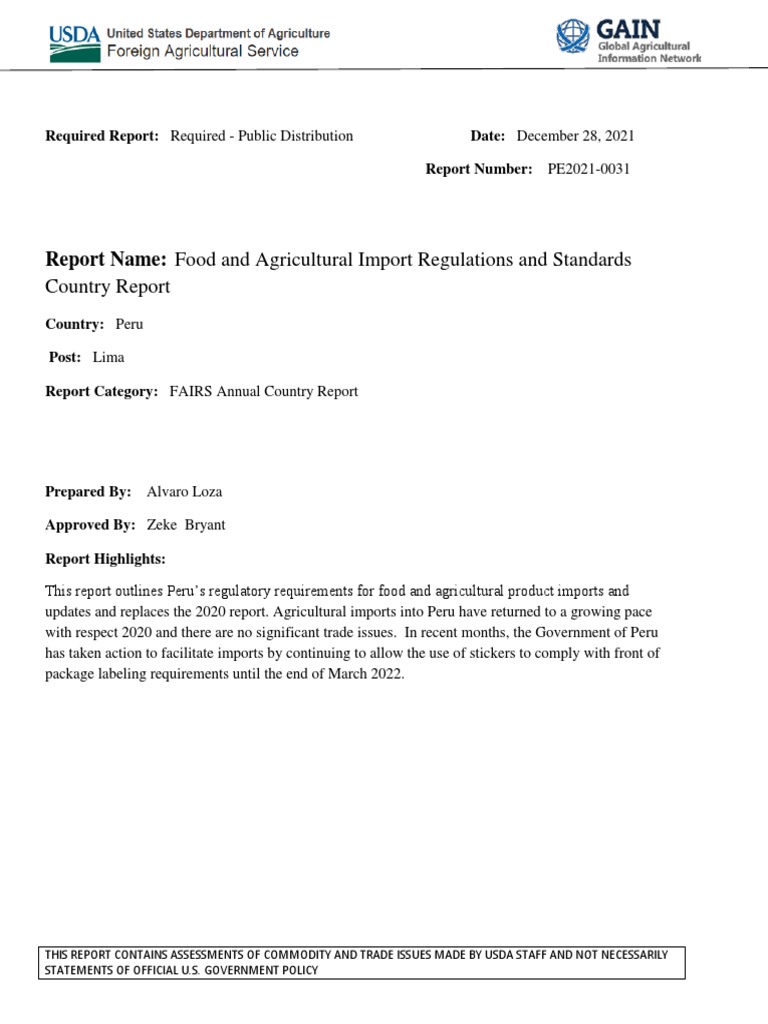 Peru Food Import Regulations 2021 | PDF | Food Safety | Foods