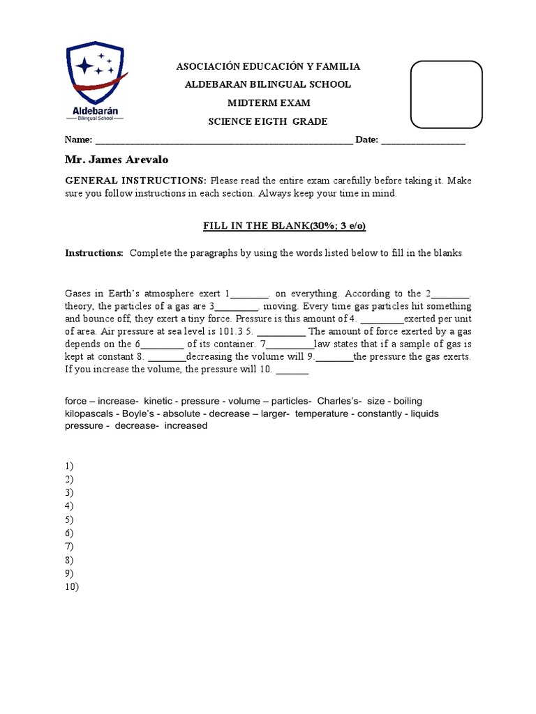 8th Grade Science Midterm IV | PDF | Gases | Piston