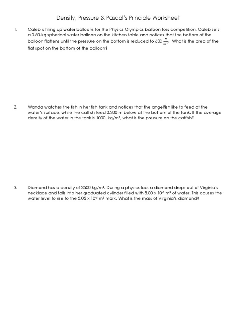 Density Pressure and Pascals Principle Worksheet | PDF