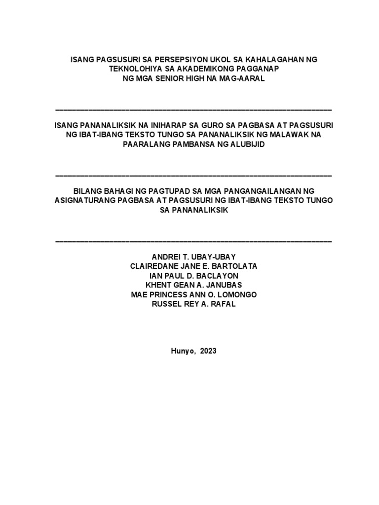 Isang Pagsusuri Sa Persepsiyon Ukol Sa Kahalagahan NG Teknolohiya Sa Mga Senior High g4 Finale | PDF