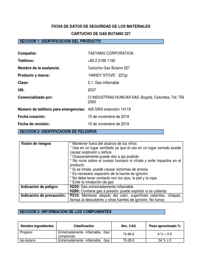 Ficha de Seguridad Cartucho Gas Butano | PDF | Agua | Incendios