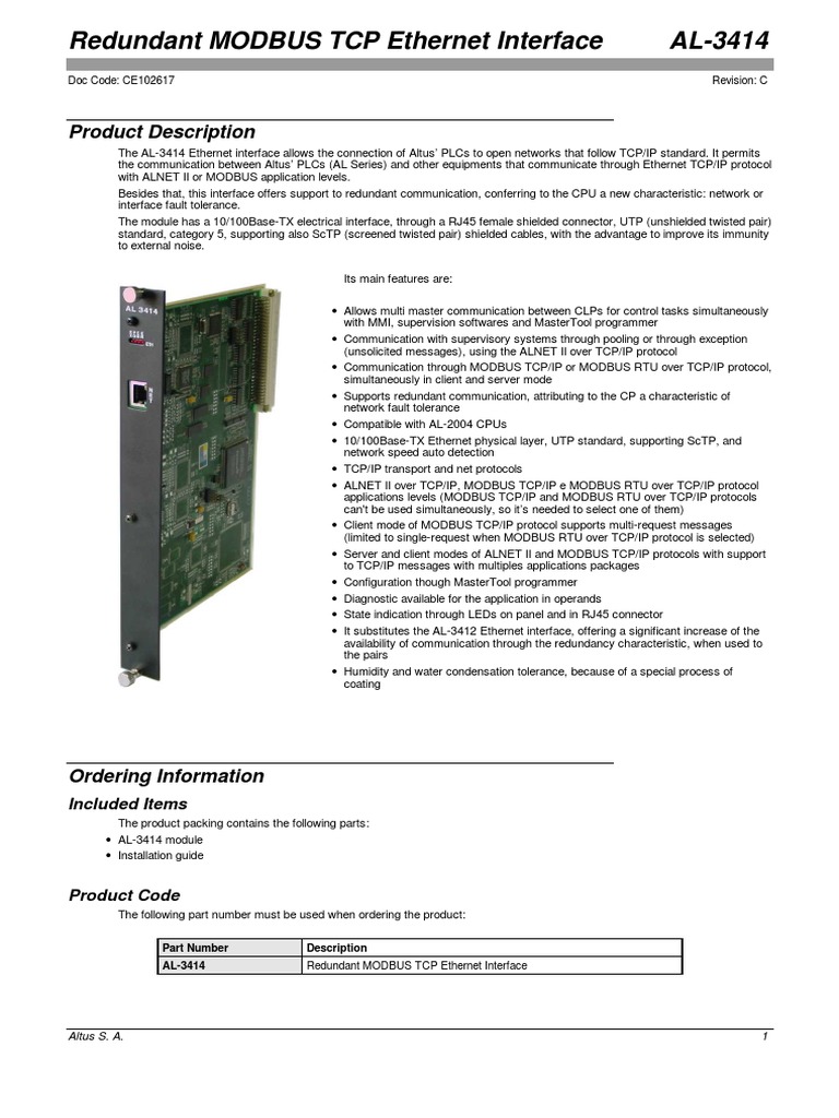 Al-3414 (Redundant Modbus TCP Ethernet Interface) | PDF | Computer Network | Transmission ...