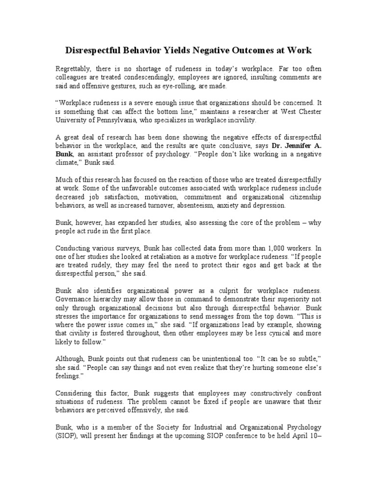 Disrespectful Behavior Yields Negative Outcomes at Work | PDF ...