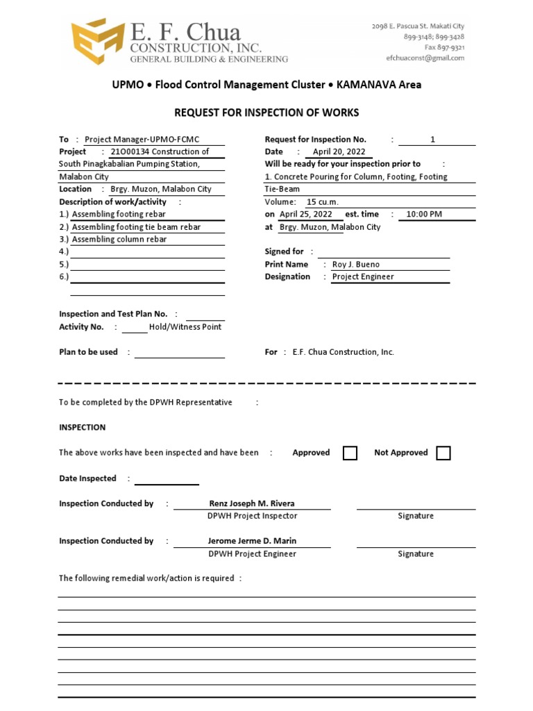 Request For Inspection (Concrete Pouring) | PDF | Concrete | Building Materials