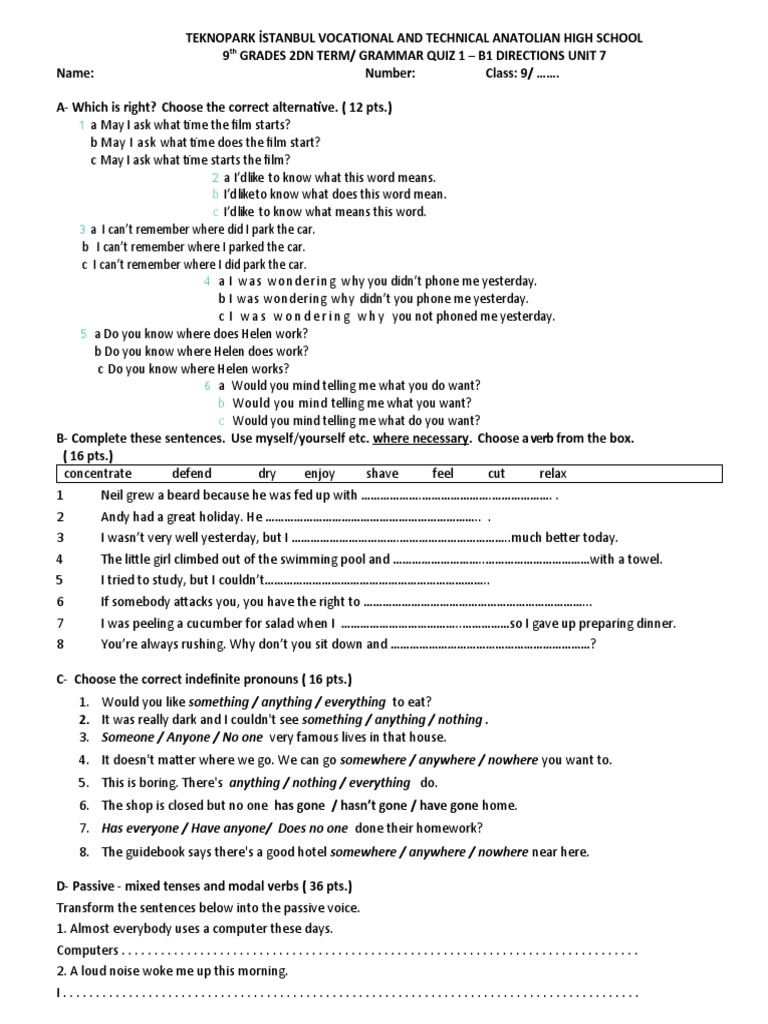 9th Grade Grammar Quiz - Unit 7 | PDF | Syntax | Grammar