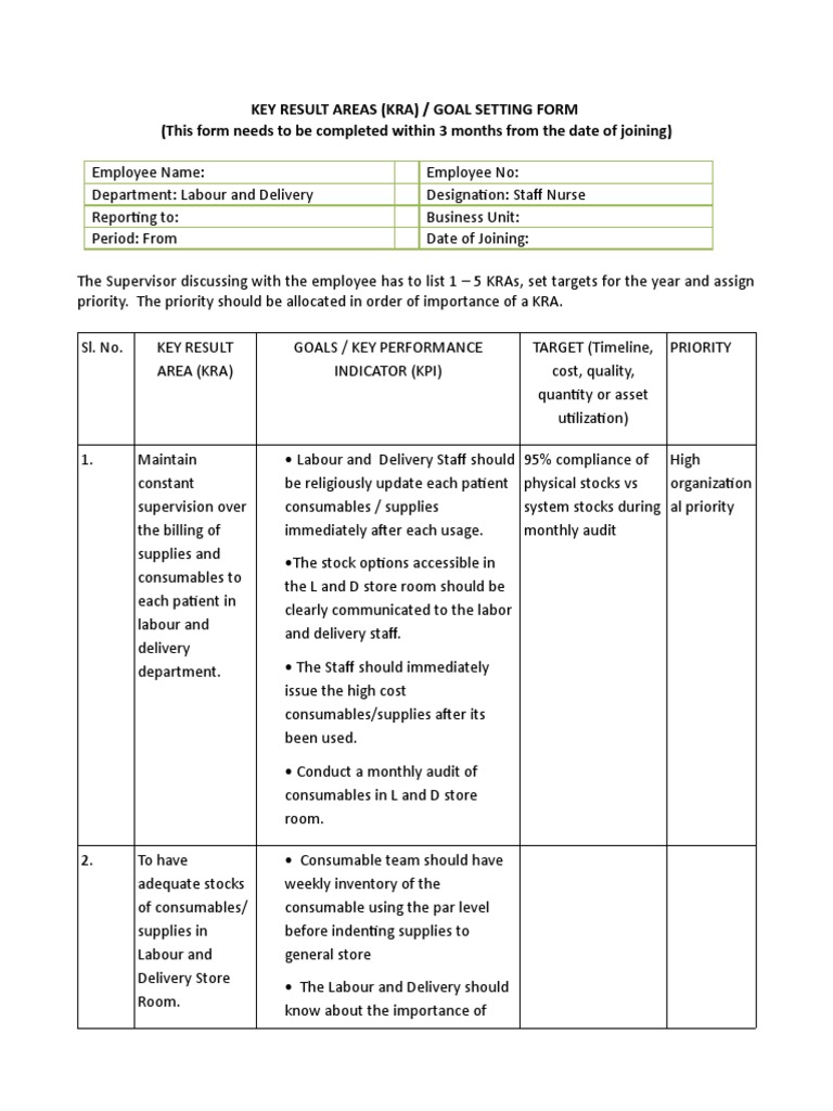 Key Result Areas (Kra) / Goal Setting Form (This Form Needs To Be ...