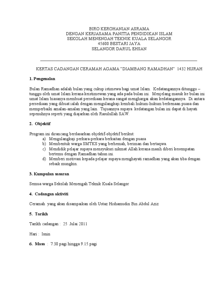 Contoh Kertas Kerja Ceramah Agama - KarliafeAcevedo