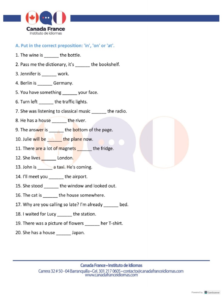 Prepositions of Place Exercises | PDF