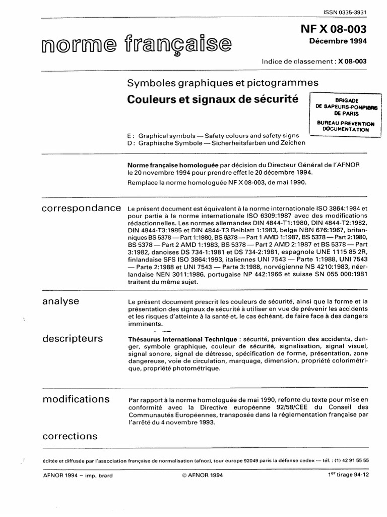 NF X 08-003 - Couleurs Et Signaux de Sécurité - Déc 1994 | PDF