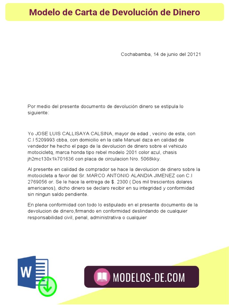 Modelo de Carta de Devolución de Dinero | PDF