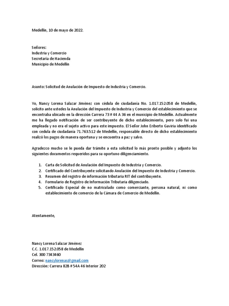 Carta de Anulación Impuesto de Industria y Comercio | PDF
