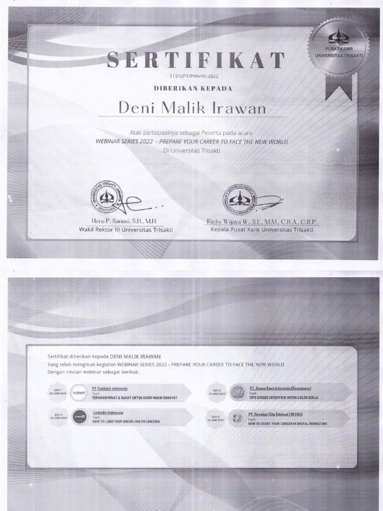 Sertifikat Pelatihan Yang Mendukung Deni Pranata Komputer | PDF