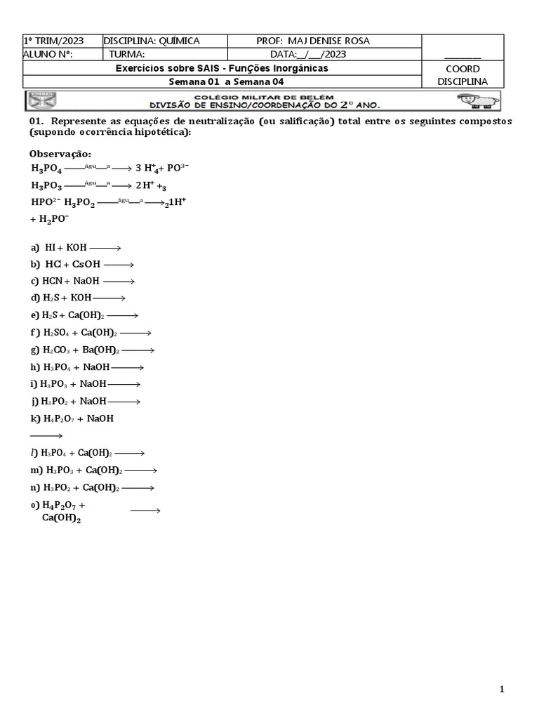 Lista de Exercícios - Ácidos | PDF | Sal (Química) | Grupos de elementos químicos